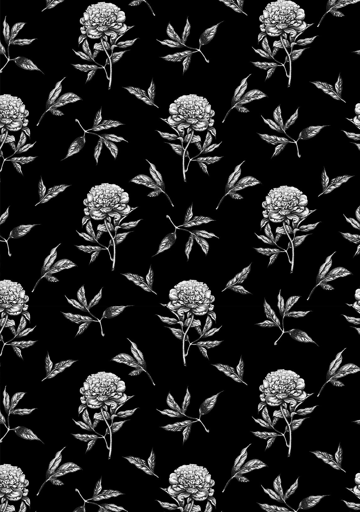 Digital Paper Pack. Fabric Pattern. Black and White Hand Drawn Peony ...