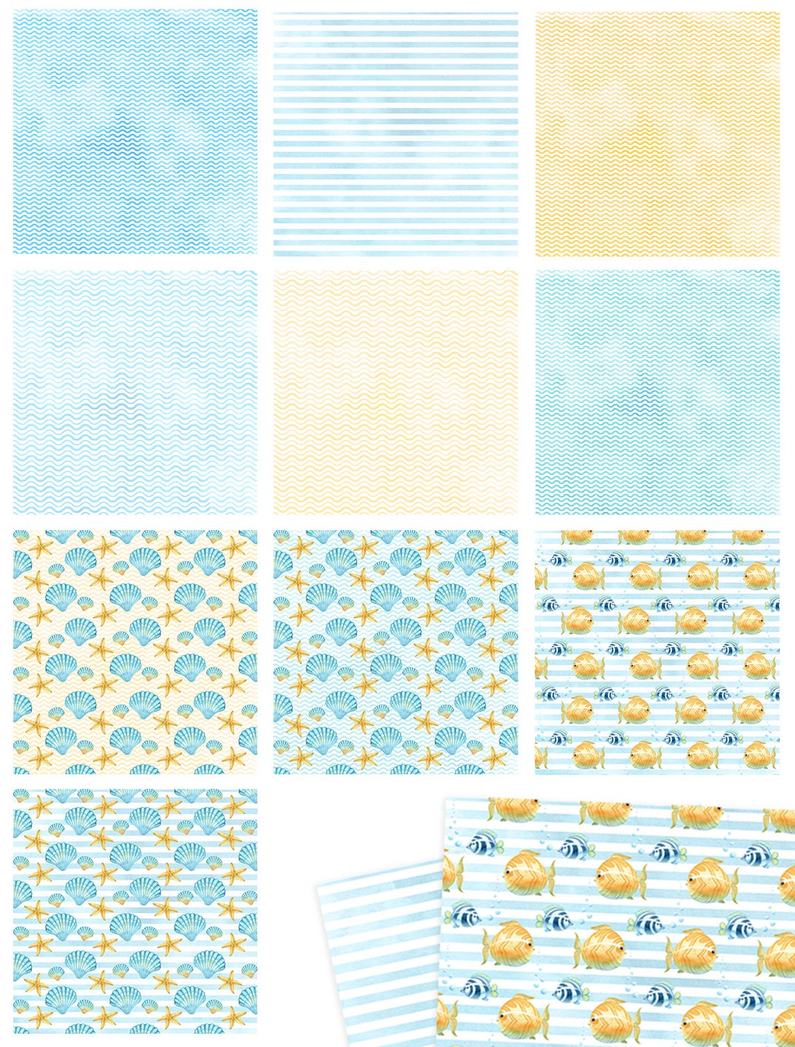 Nautical Digital Scrapbook Paper. Blue Sea Water, Weaves, Fish, Shell ...