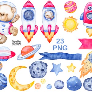 Watercolor Teddy Bear Astronaut Clipart. Outer Space, Rocket Ship ...