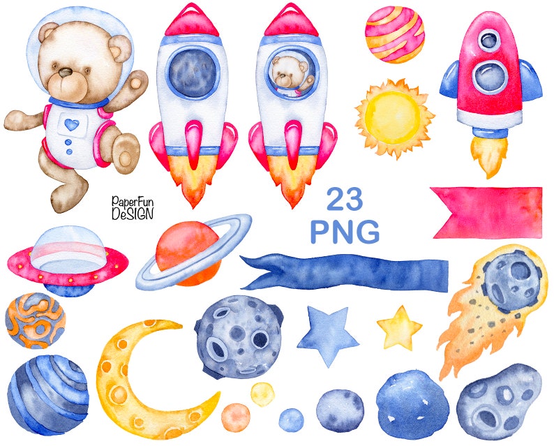 Watercolor Teddy Bear Astronaut Clipart. Outer Space, Rocket Ship ...