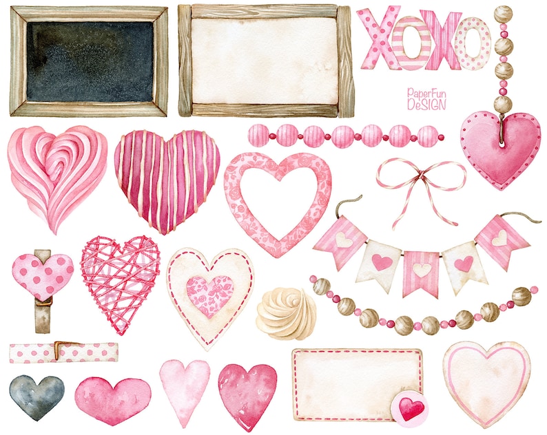 Watercolor Love Clip Art. Hearts Romantic Clipart. Pink | Etsy