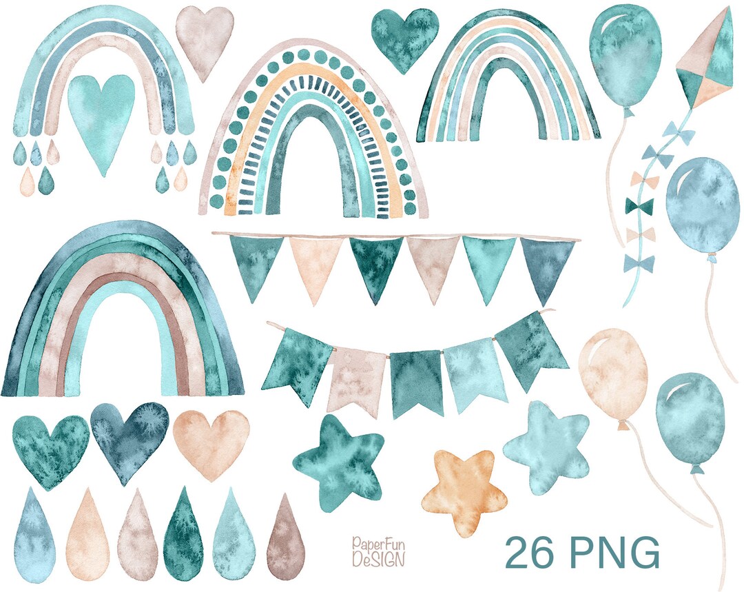 Watercolor Rainbow Clip Art. Modern Rainbow Clipart. Blue Green ...