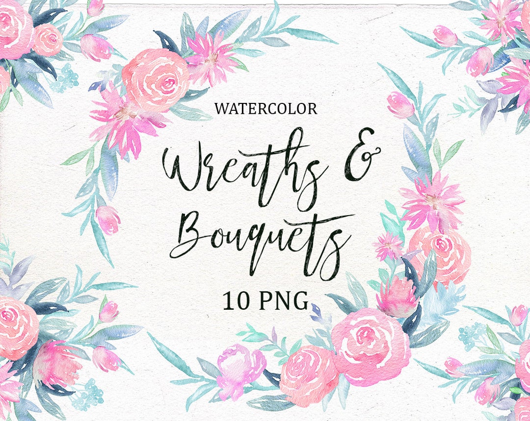 Romantic Floral Wreath, Watercolor Floral Bouquets, Digital Clipart ...