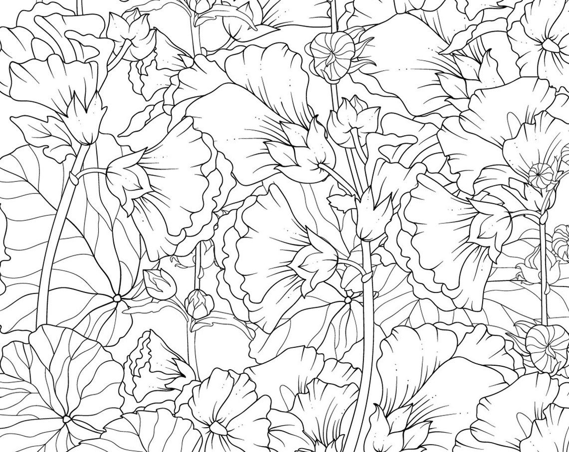 PDF, JPEG Printable Adult Coloring Pages. Digital Hollyhocks Flowers ...