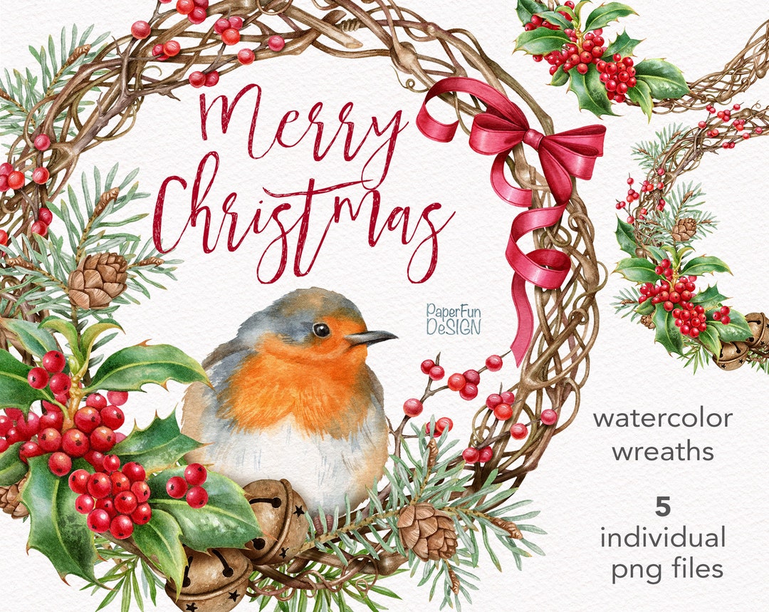 Winter Robin PNG Birds. Merry Christmas Wreath, Holly Leaves and ...
