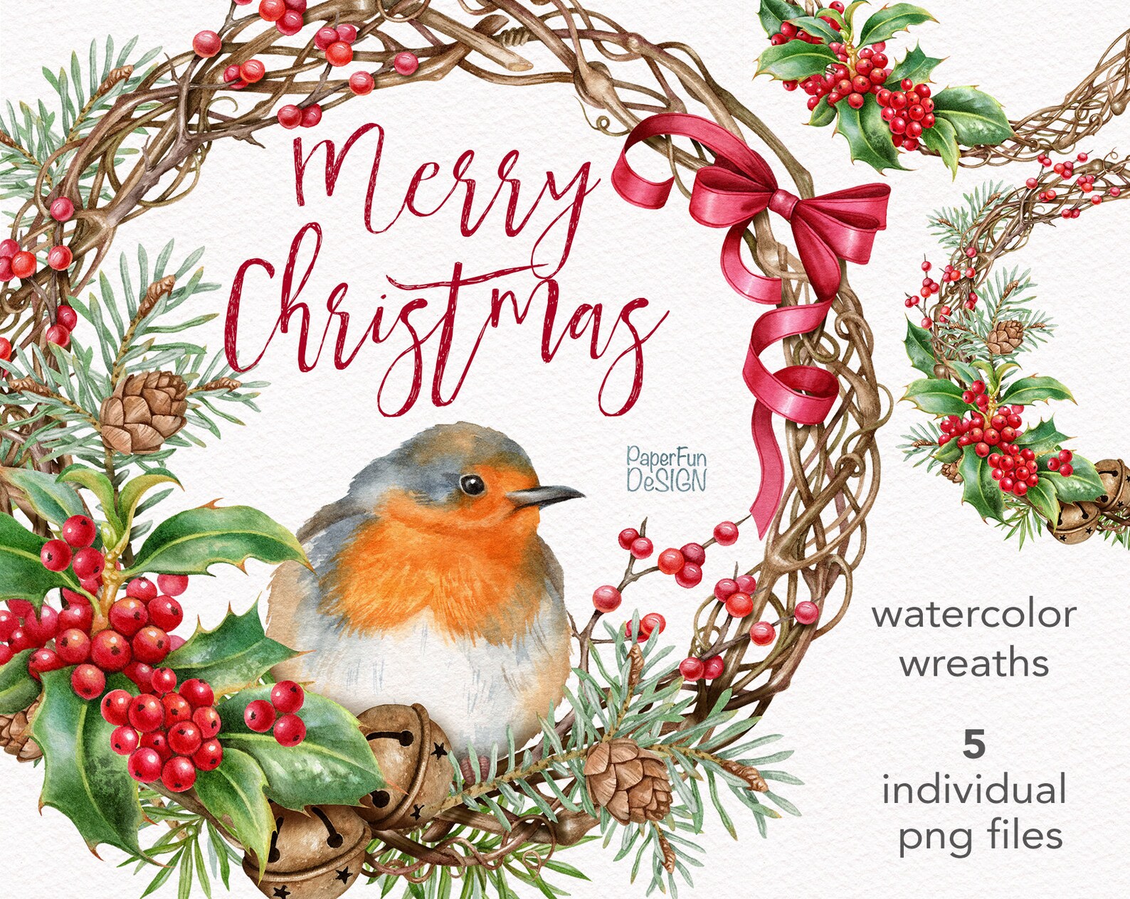 Winter Robin PNG Birds. Merry Christmas Wreath Holly Leaves - Etsy