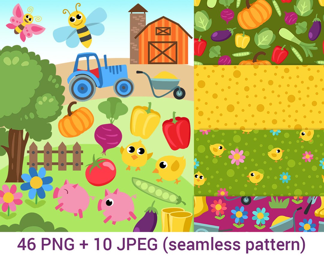 Digital Farm Clip Art. Seamless Pattern, Fabric Pattern, Digital Paper ...