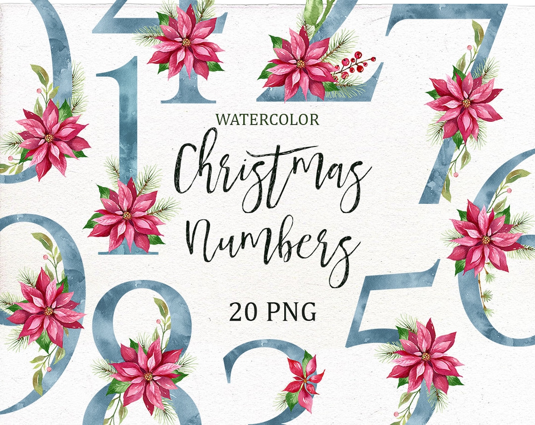 Watercolor Christmas Clipart, Number Clip Art, Poinsettia, Holiday. - Etsy