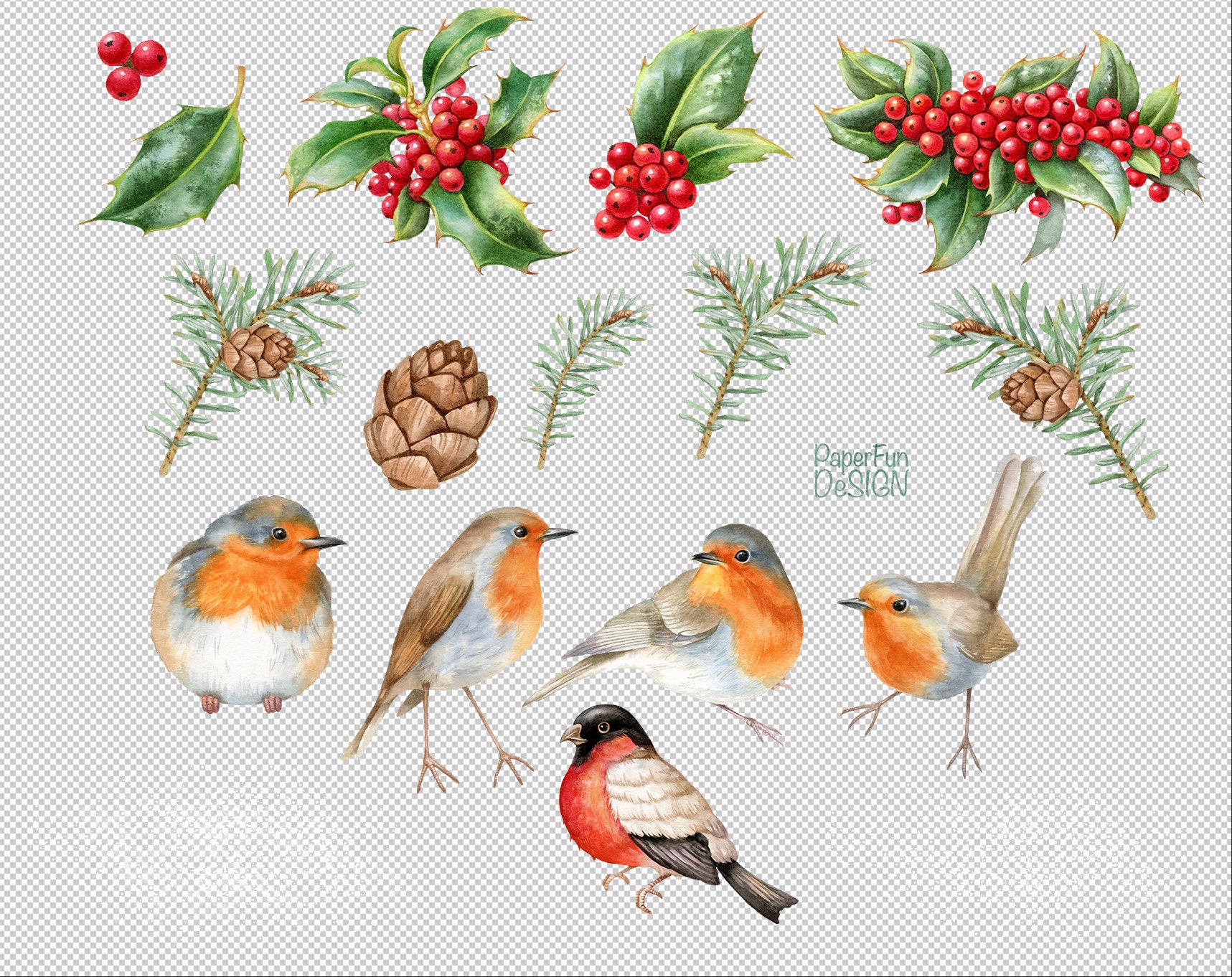 Watercolor Christmas Clipart. Winter Robin Birds Holly Leaves - Etsy