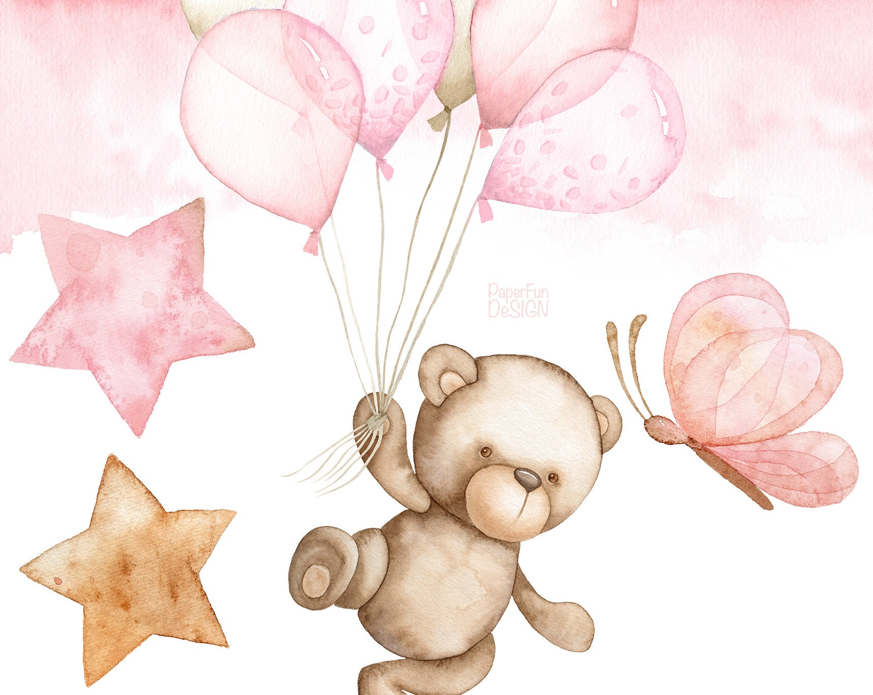 Watercolor Teddy Bear Clipart. Baby Girls Cute, Baby Shower, Light Pink ...