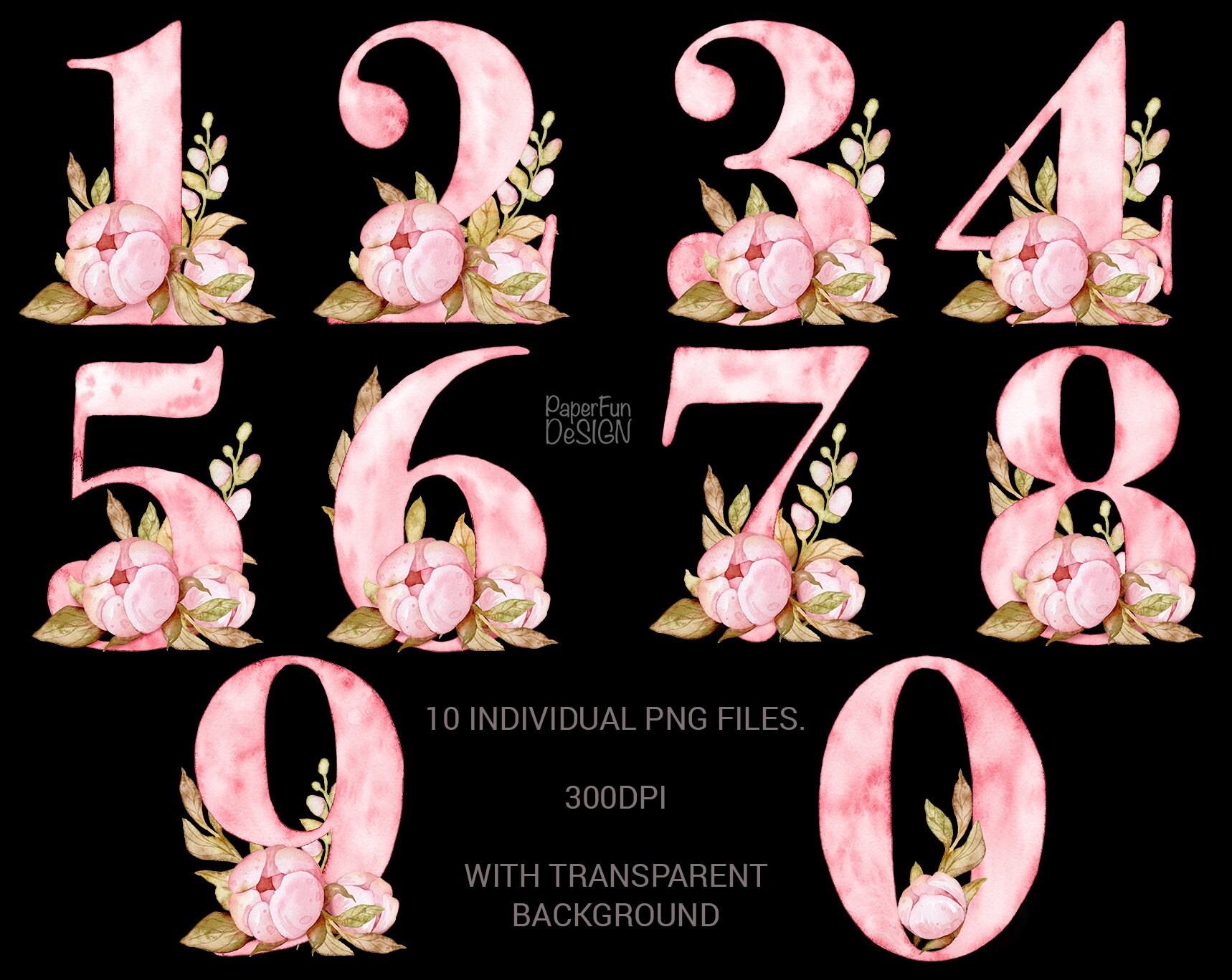 Watercolor Numbers Clipart Floral Number Clip Art. Pink Girls | Etsy UK