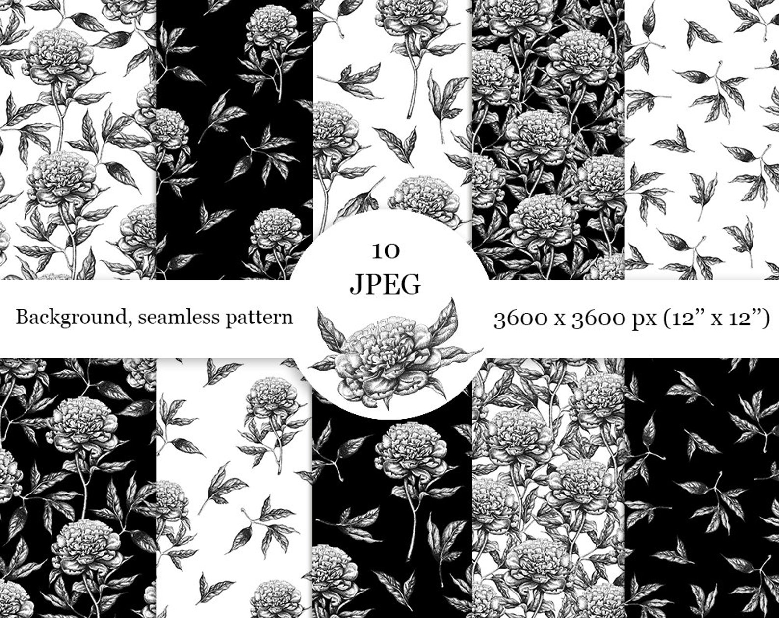 Digital Paper Pack. Fabric Pattern. Black and White Hand Drawn Peony ...