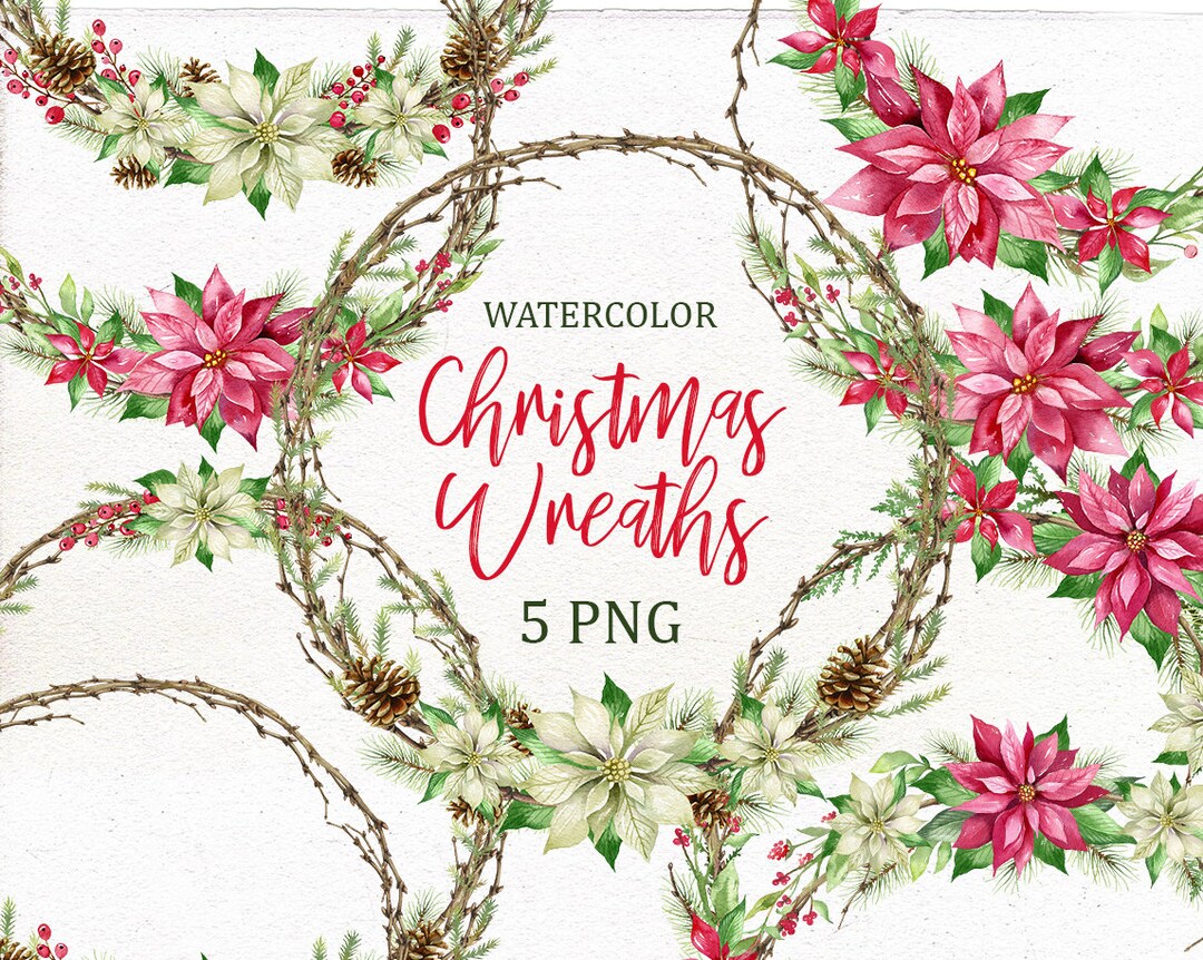 Christmas Wreath Individual PNG, Watercolor Clip Art, Poinsettia Holly ...