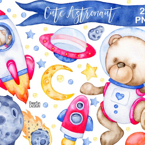 Space Astronaut Alien Rocket Watercolor Clipart Planet Clip - Etsy