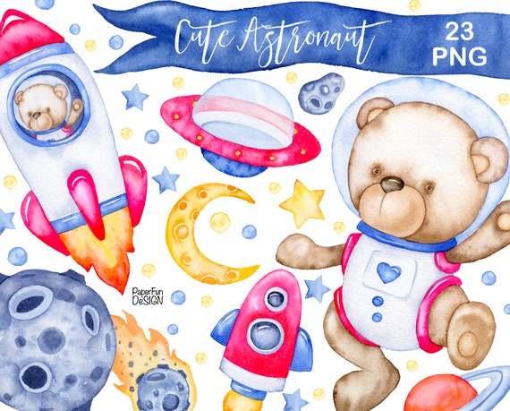 Watercolor Teddy Bear Astronaut Clipart. Outer Space Rocket | Etsy