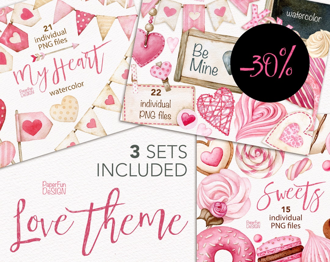 Watercolor Love Clip Art. Hearts Romantic Clipart. Pink Garland Flags ...