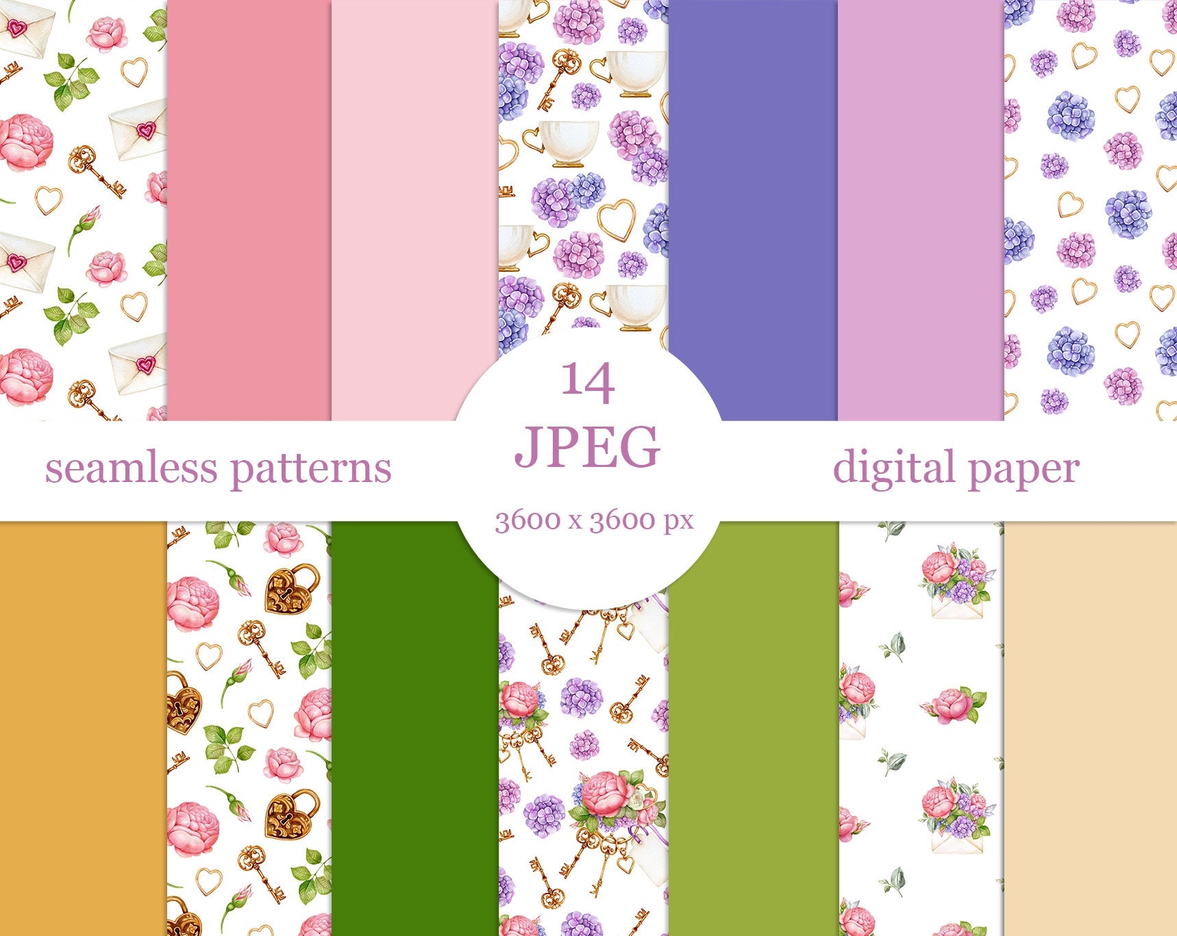 Romantic Watercolor Digital Paper Pack Wedding Decor JPEG. Seamless ...