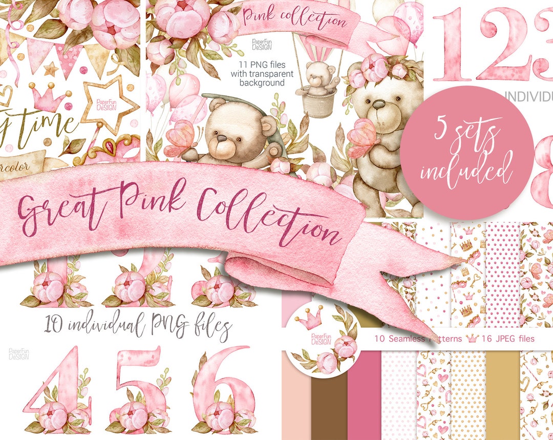 Watercolor Teddy Bear Clipart. Baby Girl Kid Clip Art. Floral Number ...