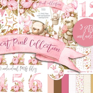 Watercolor Teddy Bear Clipart. Baby Girl Kid Clip Art. Floral Number ...