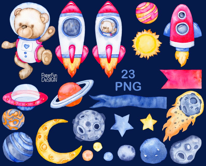 Watercolor Teddy Bear Astronaut Clipart. Outer Space, Rocket Ship ...