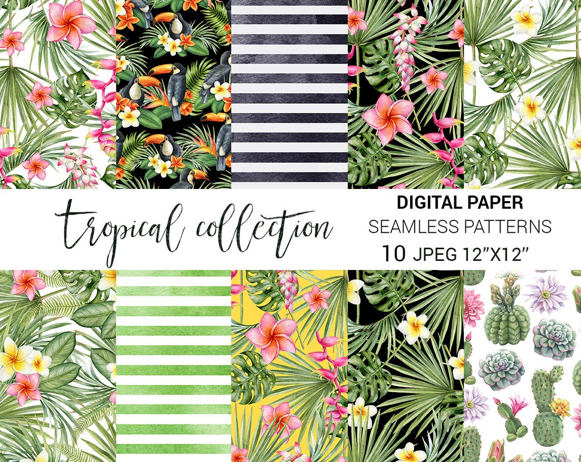 Watercolor Tropical Background. Digital Paper Pack Fabric - Etsy