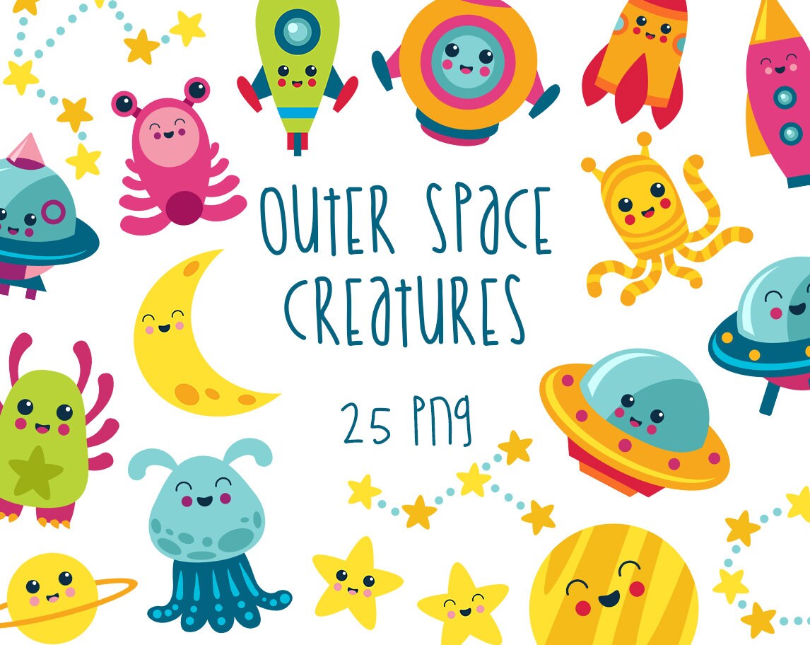 Outer Space Clipart. Digital Set of Aliens, Spaceships, Planets ...