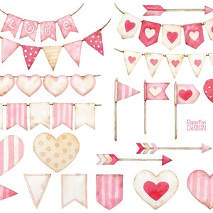 Watercolor Love Clip Art. Hearts Romantic Clipart. Pink Garland Flags ...
