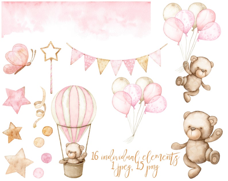 Watercolor Teddy Bear Clipart. Baby Girls Cute, Baby Shower, Light Pink ...