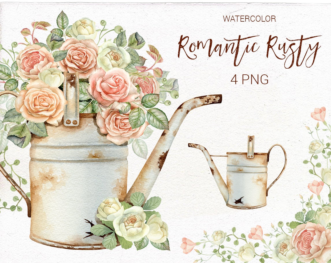 watercolor-farmhouse-rusty-watering-can-pink-flowers-wedding-etsy-uk