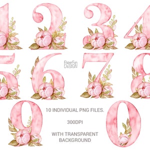 Watercolor Numbers Clipart, Floral Number Clip Art. Pink Girls Symbols ...