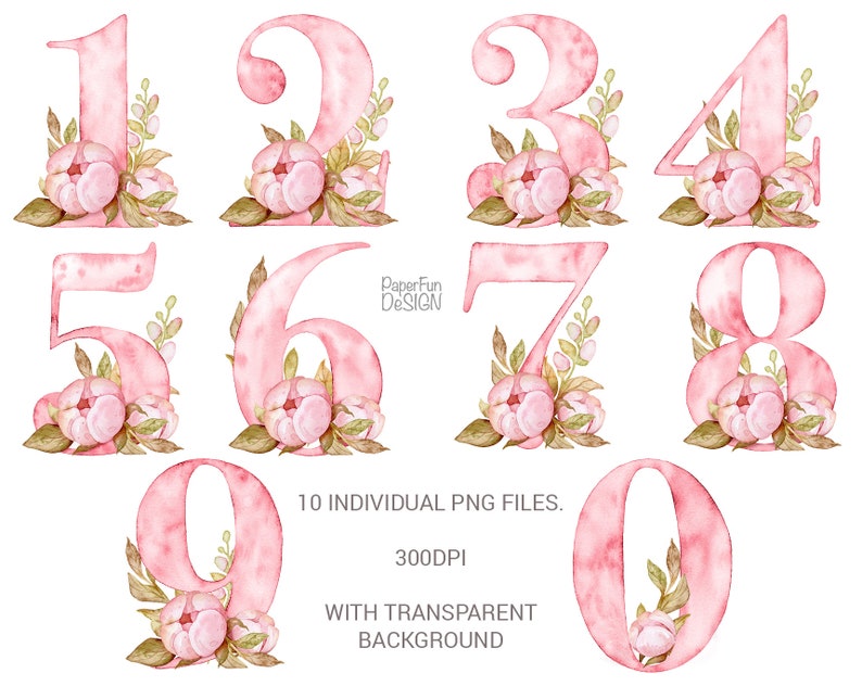 Watercolor Numbers Clipart, Floral Number Clip Art. Pink Girls Symbols ...