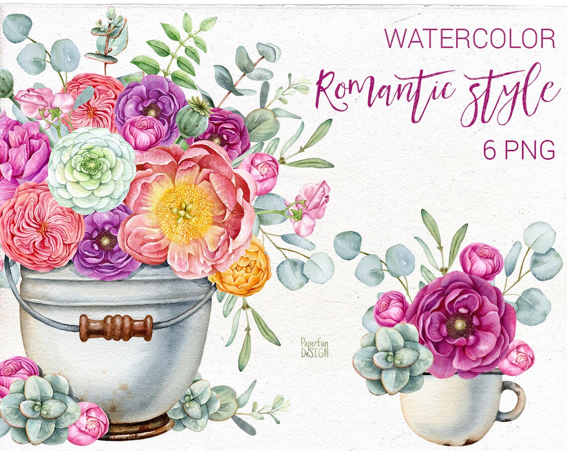 Watercolor Rustic Arrangement. Pink Flowers Wedding Clip Art. - Etsy