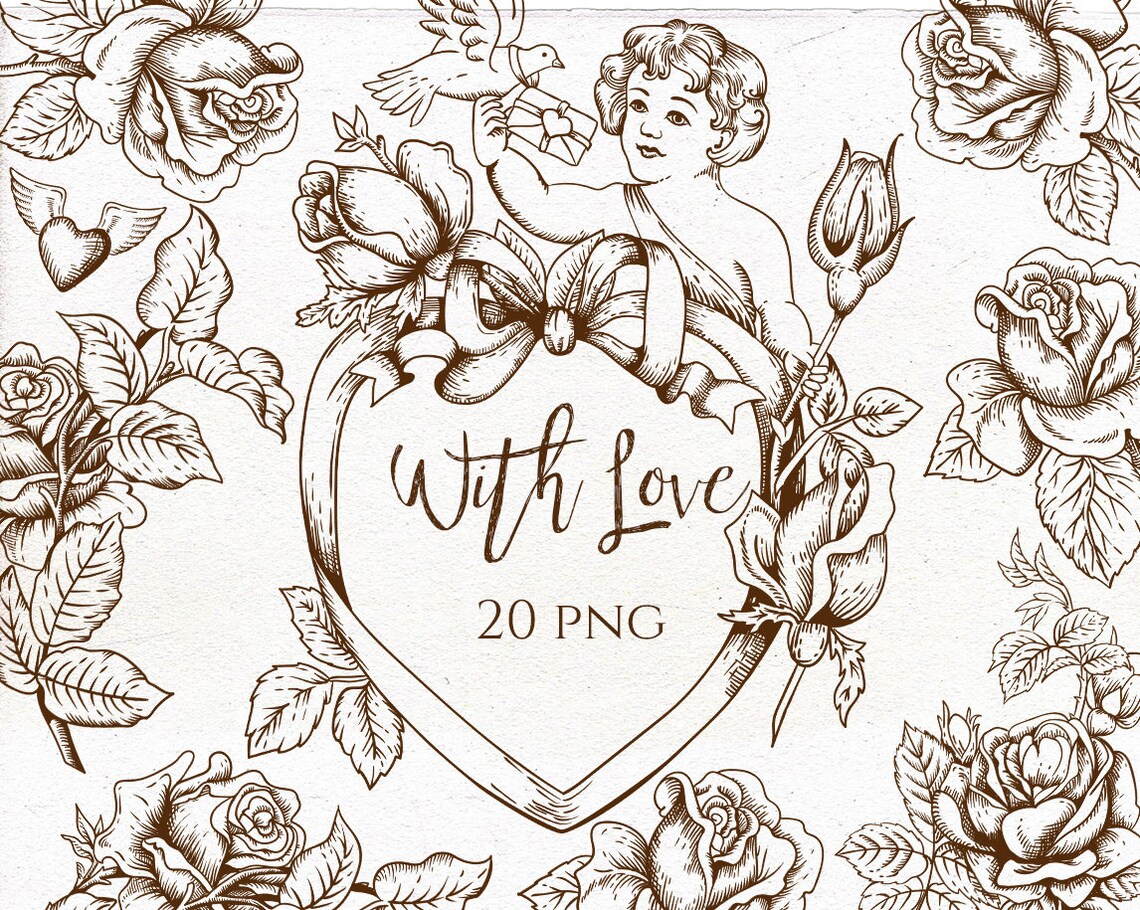 Valentine Day Clip Art, Vintage Roses Clipart, Vintage Angel, Hearts ...