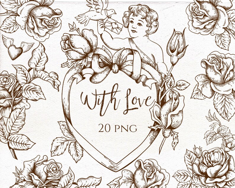 Valentine Day Clip Art, Vintage Roses Clipart, Vintage Angel, Hearts ...