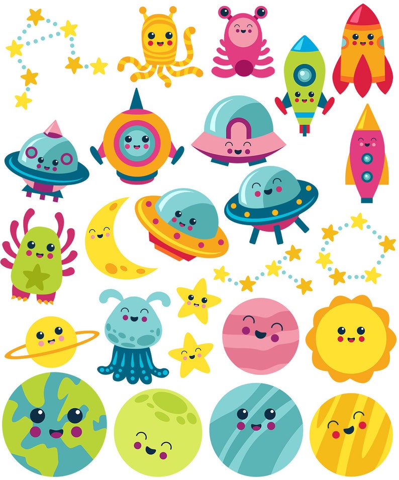 Outer Space Clipart. Digital Set of Aliens, Spaceships, Planets ...