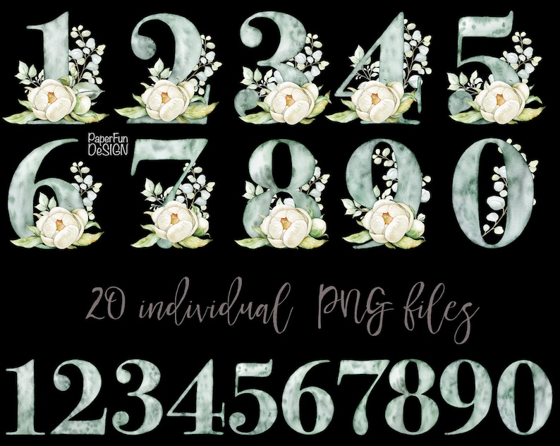 Watercolor Numbers Clipart Floral Number Clip Art. Green Mint - Etsy