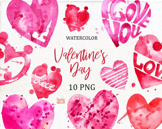 Red Watercolor Hearts Clipart, Valentines Day Clip Art, Love Clipart ...