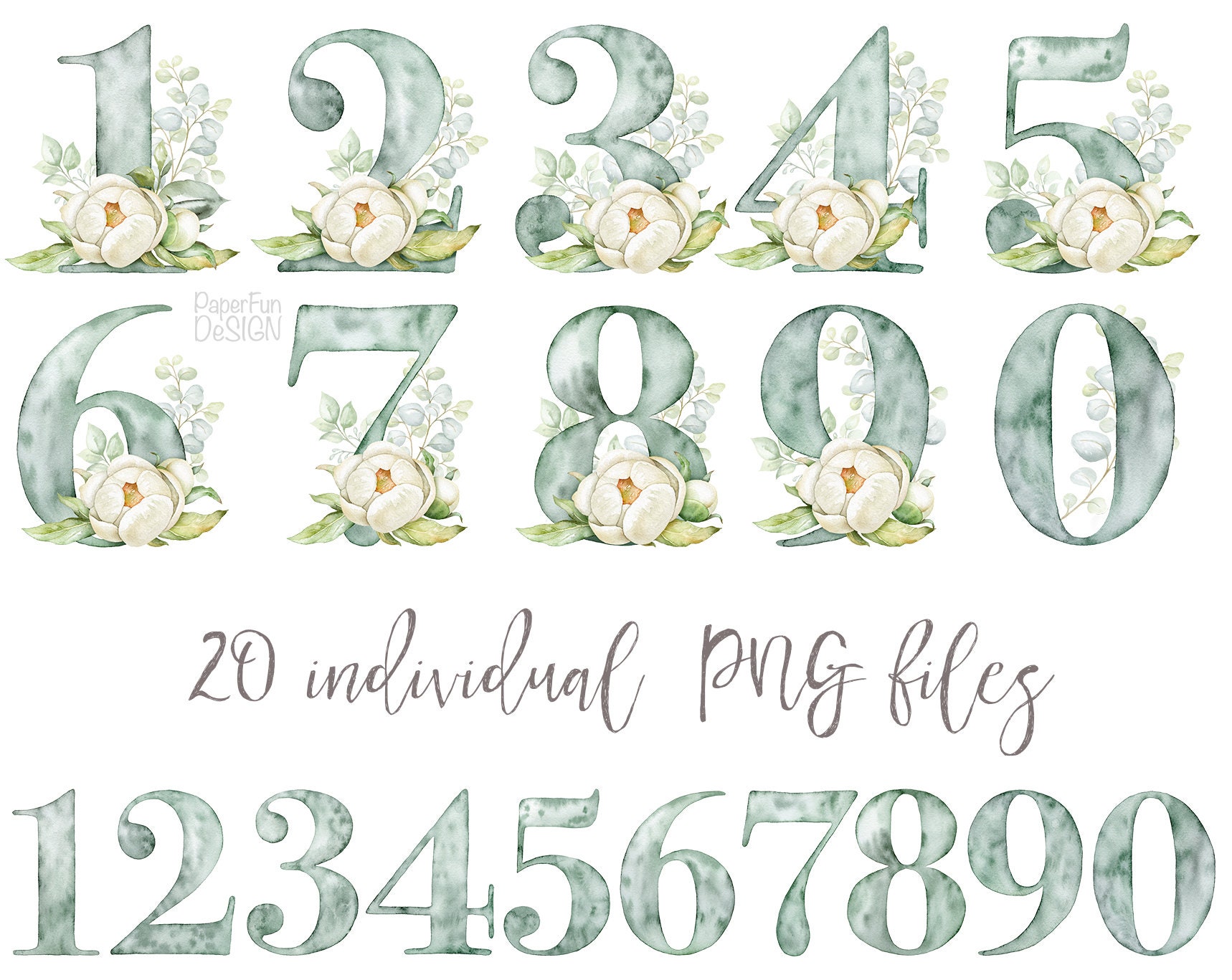 Watercolor Numbers Clipart Floral Number Clip Art. Green Mint - Etsy