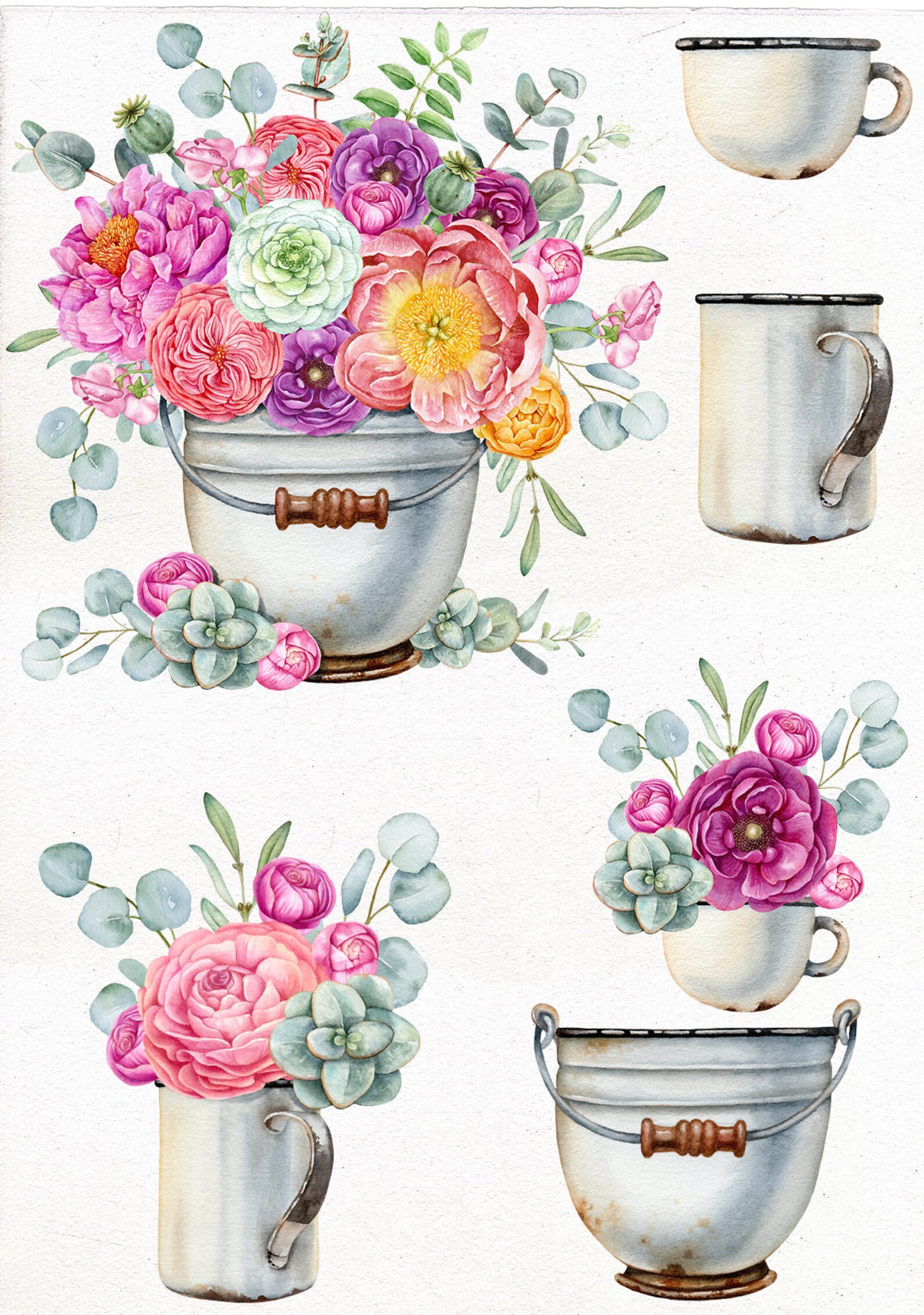Watercolor Rustic Arrangement. Pink Flowers Wedding Clip Art. - Etsy