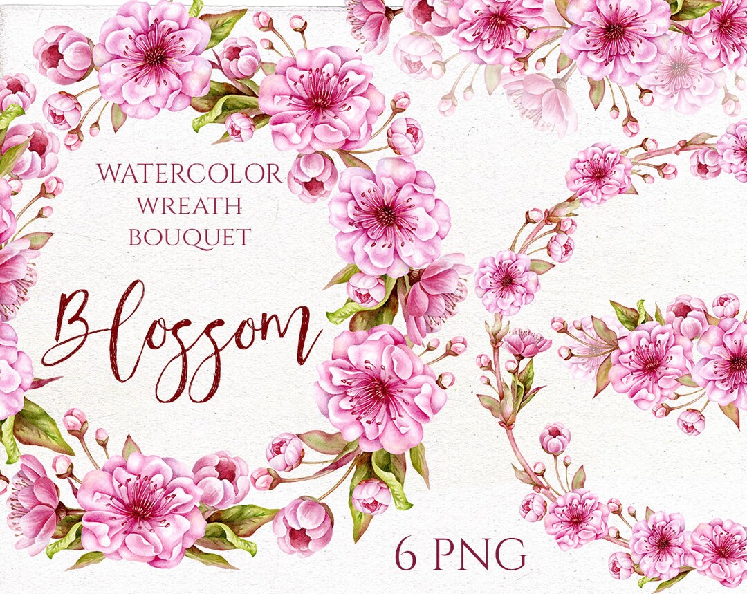 Cherry Blossom Watercolor Wreath and Bouquet Clip Art. Easter Flowers ...