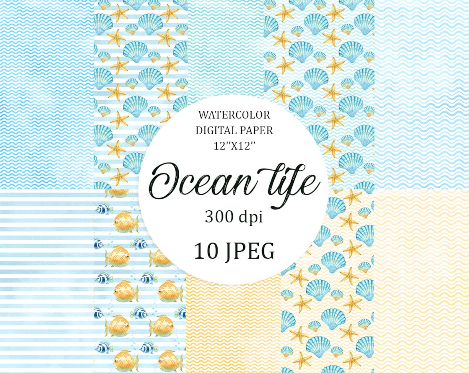 Nautical Digital Scrapbook Paper. Blue Sea Water, Weaves, Fish, Shell ...