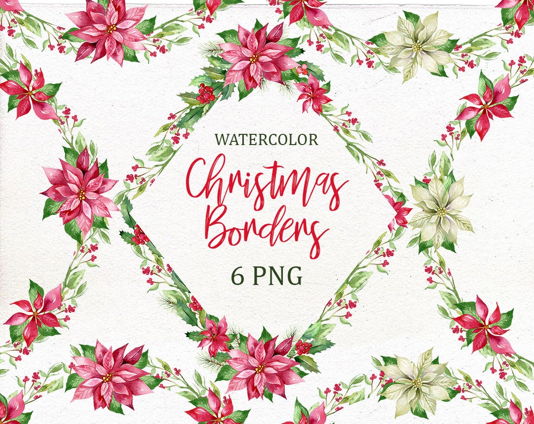 Poinsettia Holly Steams, Christmas Watercolor Border Clip Art, Scarlet ...