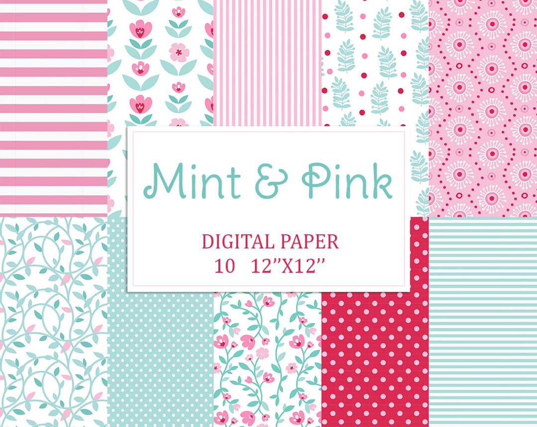 Pink and Mint Digital Paper Collection. Scrapbooking Background ...