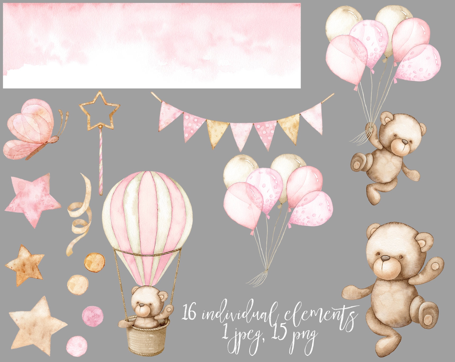 Watercolor Teddy Bear Clipart. Baby Girls Cute, Baby Shower, Light Pink ...