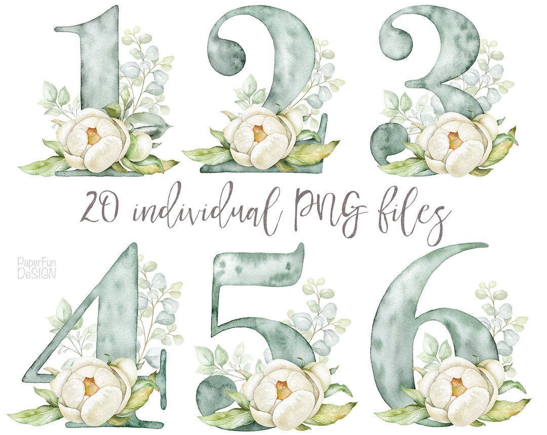Watercolor Numbers Clipart, Floral Number Clip Art. Green Mint Symbols ...