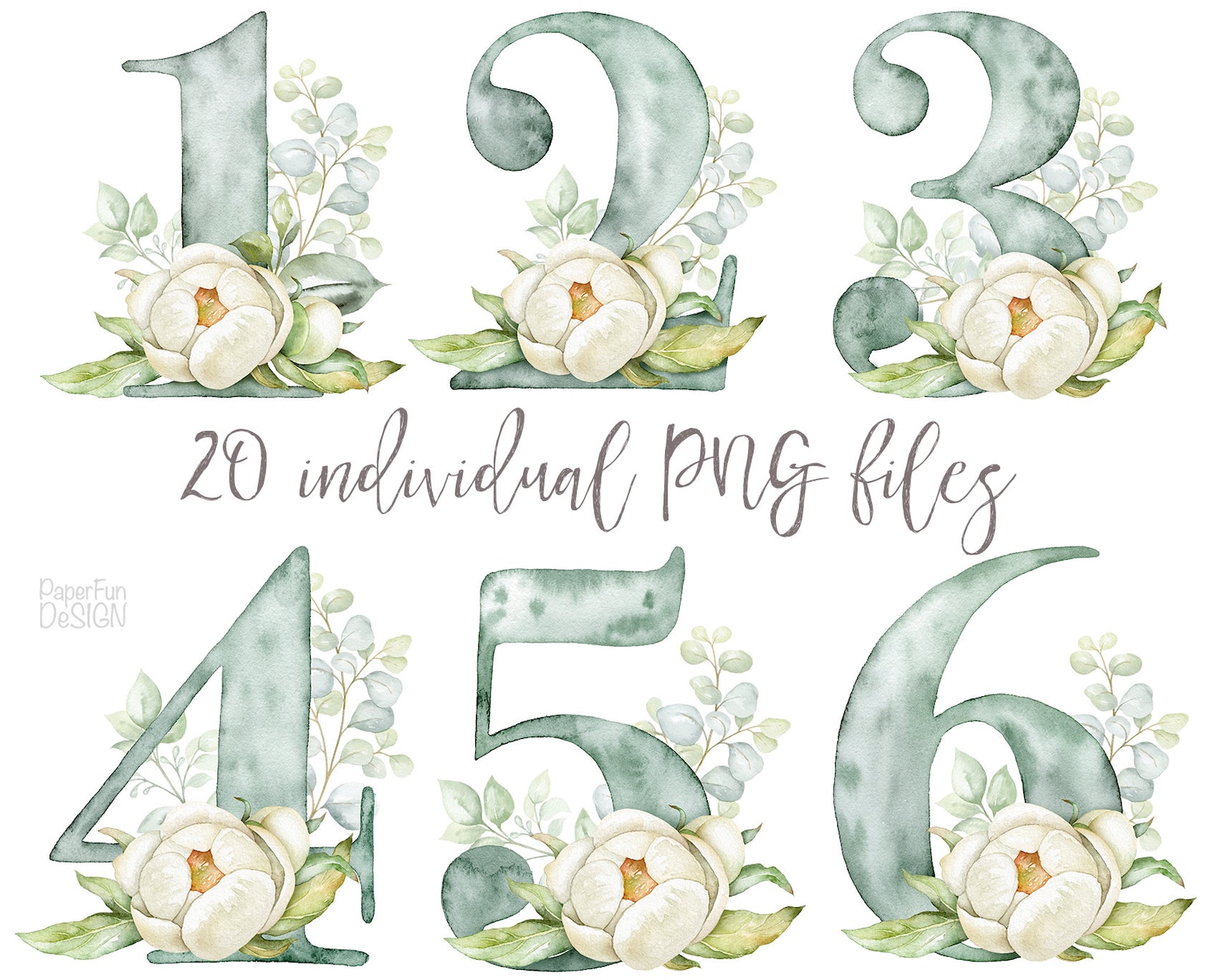 Watercolor Numbers Clipart Floral Number Clip Art. Green Mint - Etsy