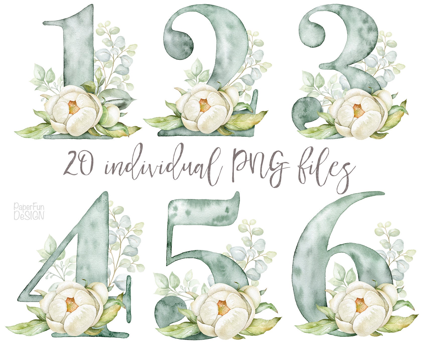 Watercolor Numbers Clipart Floral Number Clip Art. Green Mint - Etsy UK