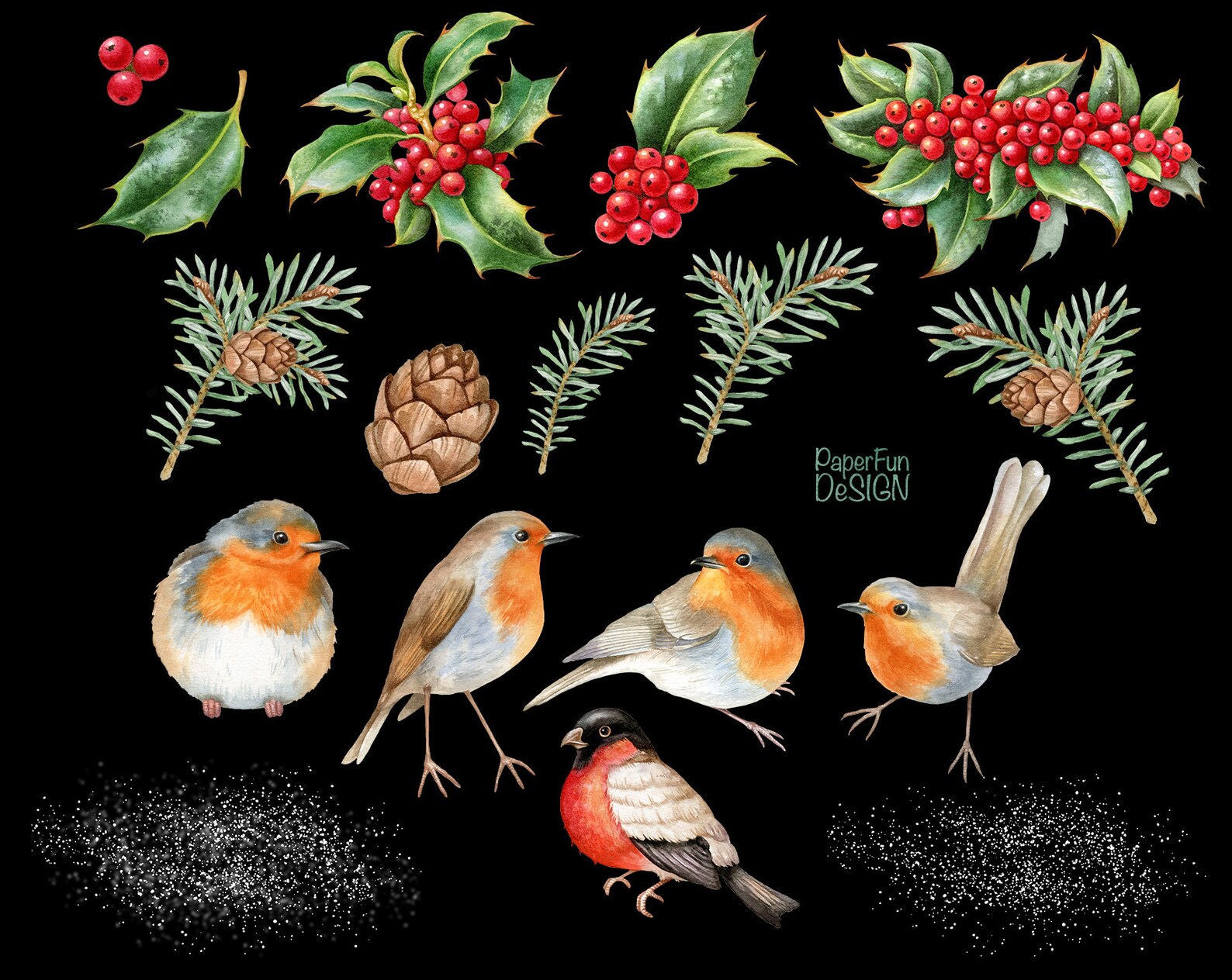 Watercolor Christmas Clipart. Winter Robin Birds Holly Leaves - Etsy