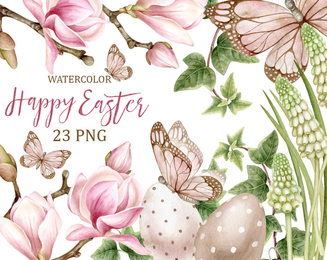 Easter Watercolor Clipart, Digital Easter Eggs Clip Art, Spring Blossom ...