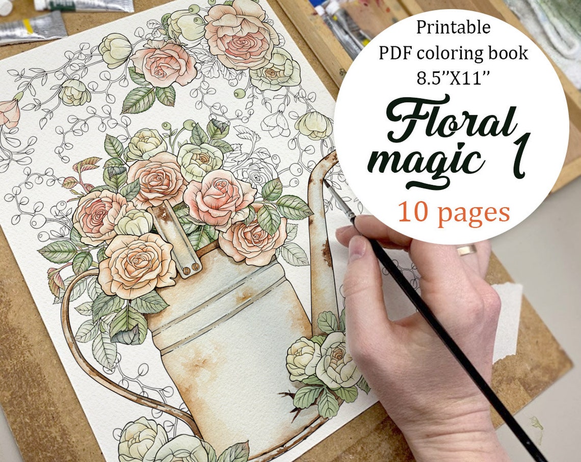 PDF, JPEG Digital Adult Coloring Book, Floral Arrangements, Botanical ...